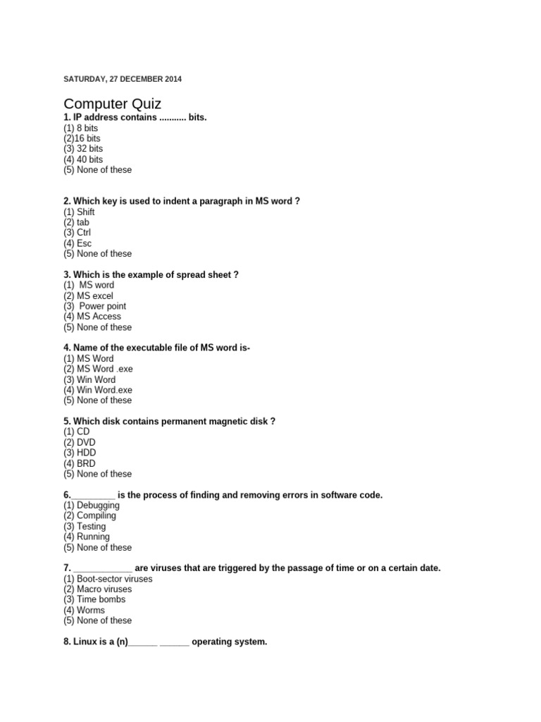 Computer Quiz Questions and Answers | PDF | Modem | Microsoft Word