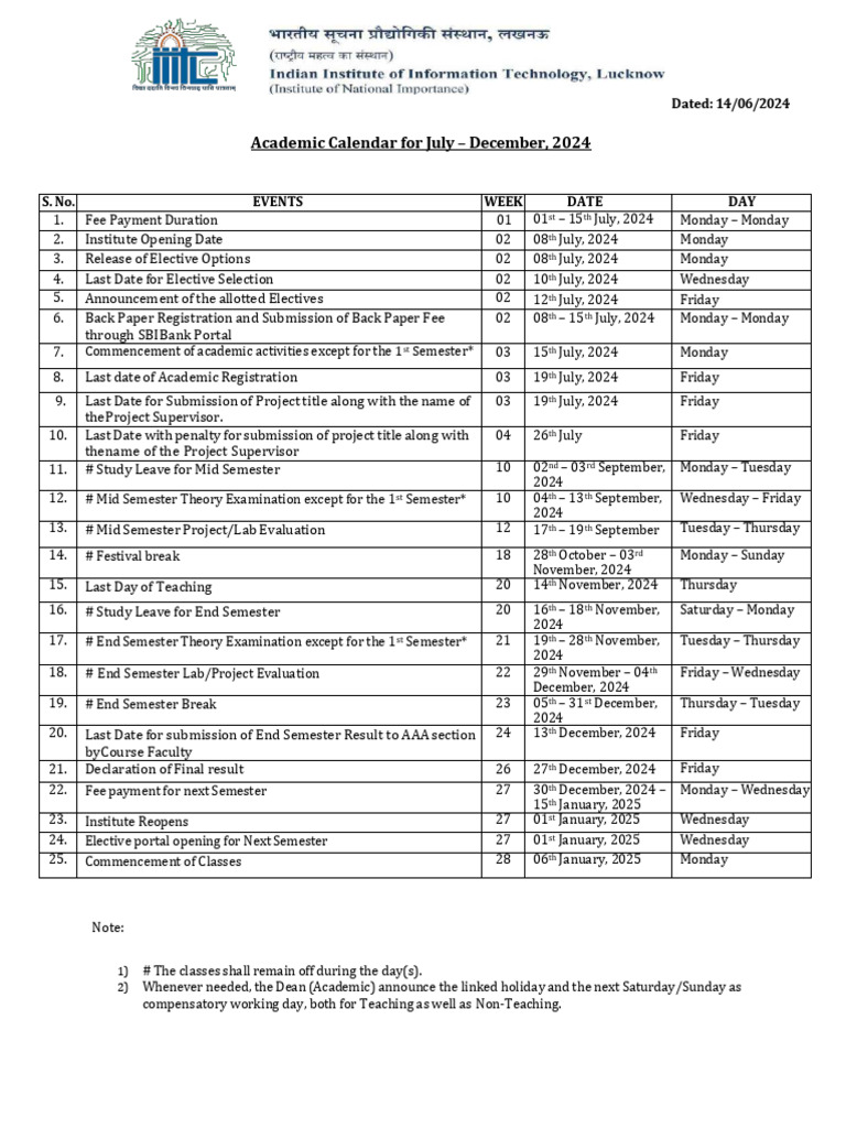 Academic Calendar July-Dec 2024 | PDF | Academic Term