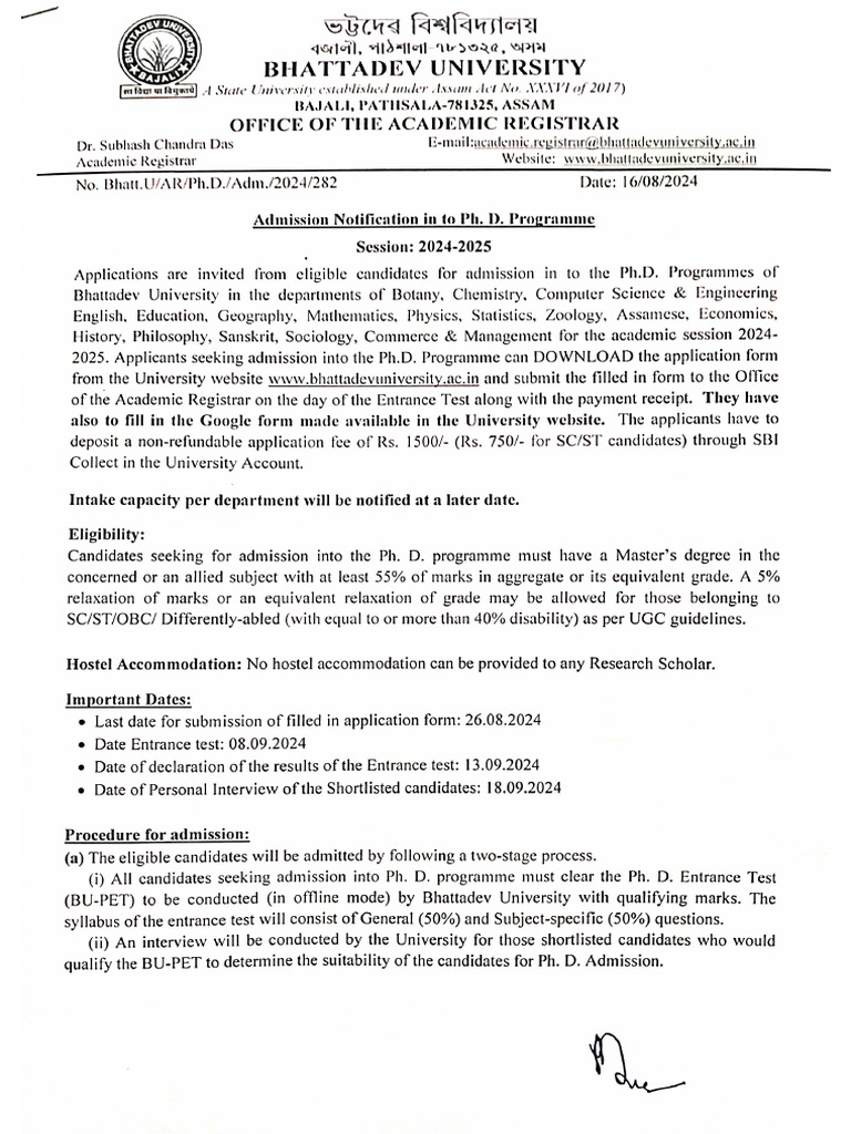 Ph.D. Admission Notification 2024-25 | PDF