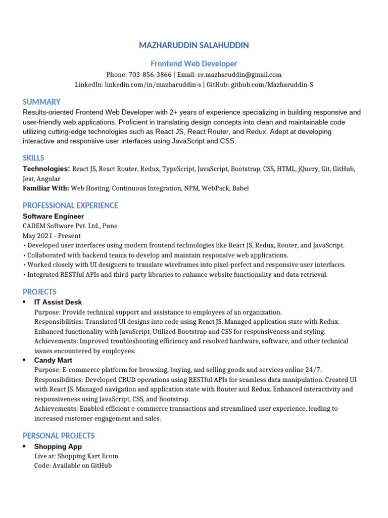 Mazharuddin Salahuddin Resume Single Page | PDF | Bootstrap (Front End Framework) | Mobile App