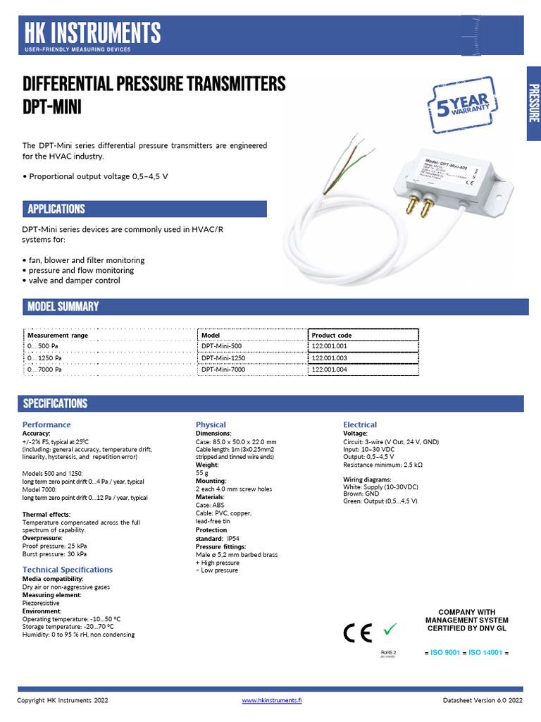 DPT-Mini Datasheet 6.0 | PDF | Pressure Measurement | Pressure