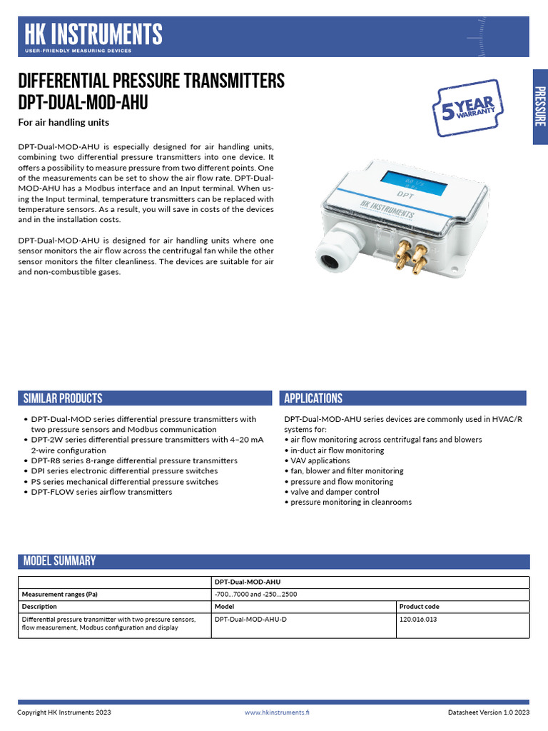 DPT-Dual MOD-AHU Series Datasheet | PDF | Pressure Measurement | Sensor