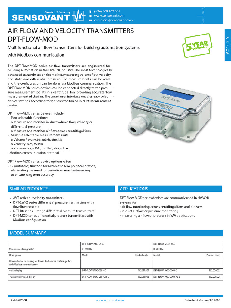 DPT-Flow-MOD Air Flow Transmitters | PDF | Pressure Measurement | Pressure