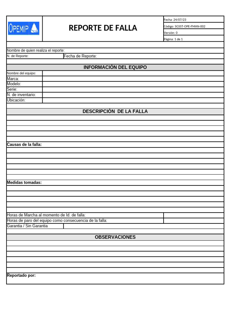 SGSST-OPE-FMAN-002 - Formato de Reporte-de-Fallas | PDF