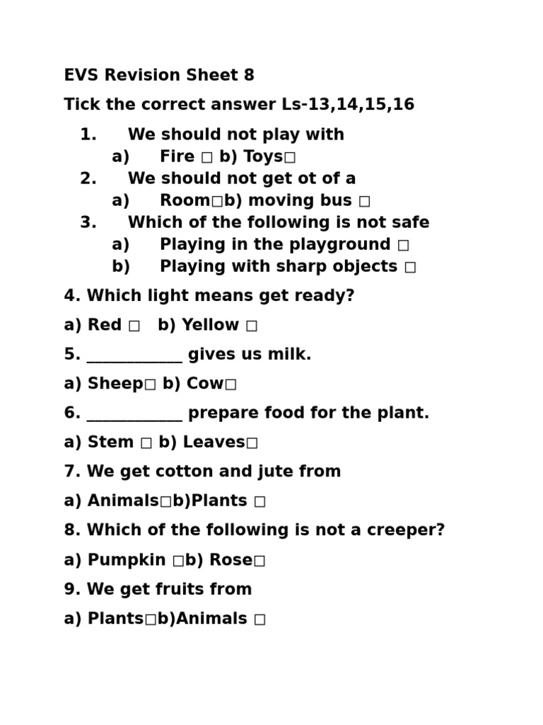 EVS Revision Sheet 8 Tick the correct answer Ls- 13,14,15,16 | PDF