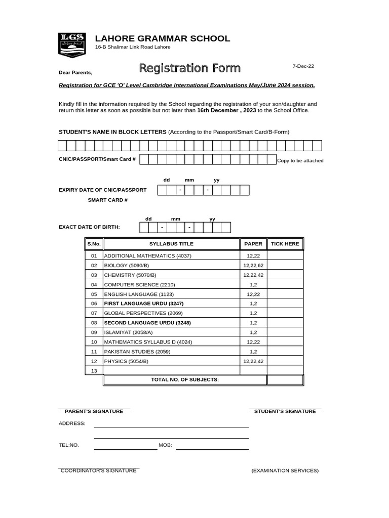 Registration Form GCE O Level Exam 2024 | PDF