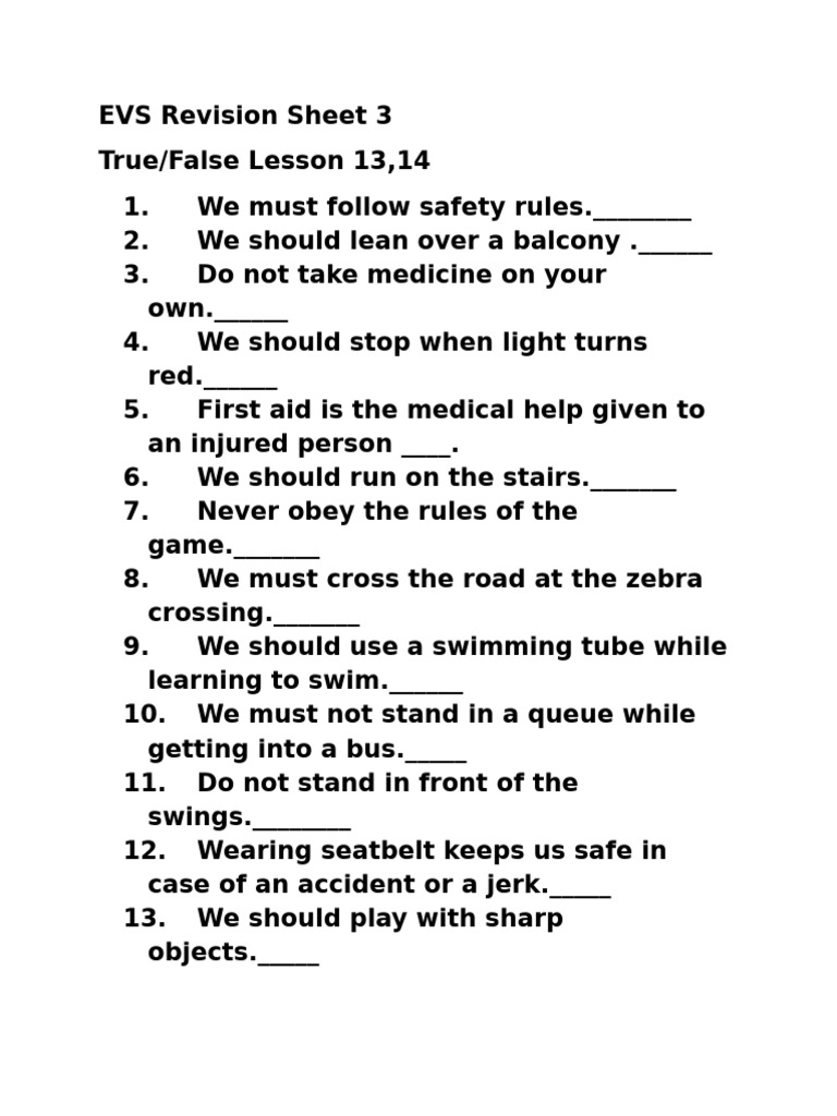 EVS Revision Sheet 3 True False Ls - 13,14 | PDF