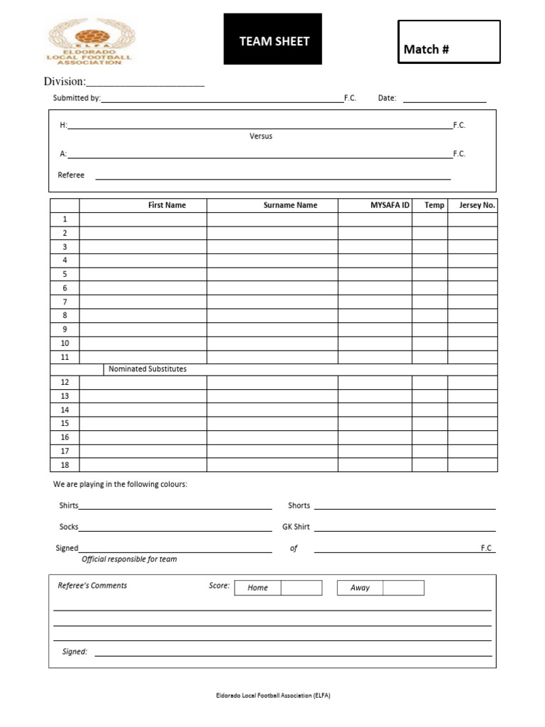 ELFA Team Sheet Submission 2025 | PDF