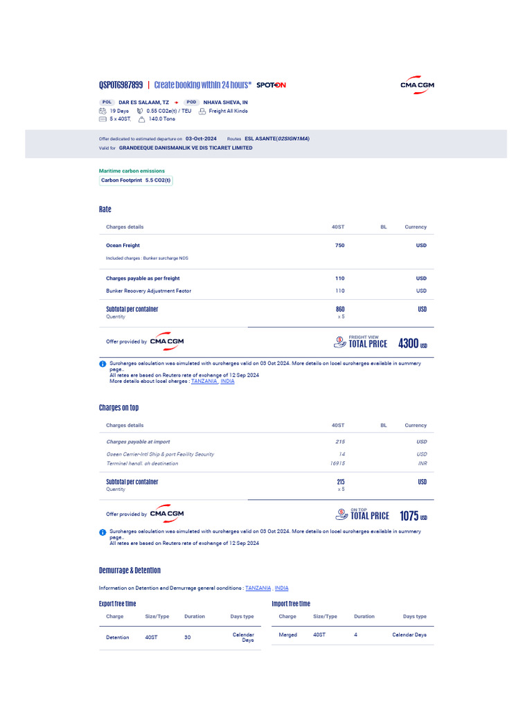 Cmacgm Tzdar Innsa ST 20240912 Qspot6987899 | PDF | Cargo