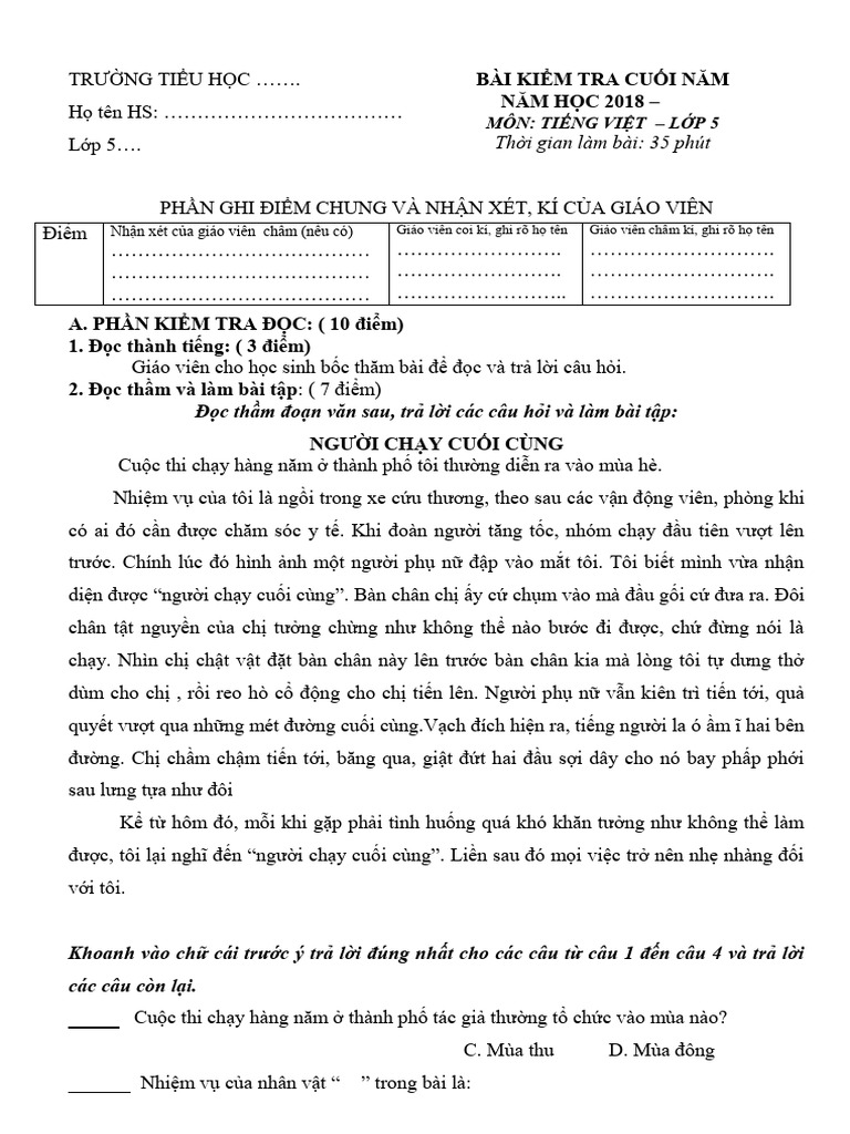 ĐỀ 1 TIẾNG VIỆT LỚP 5 - HKII | PDF