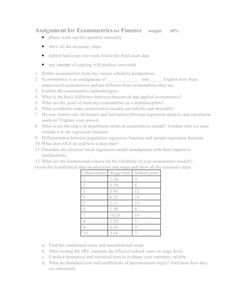 Assignment For Management Econometrics Weight 2024 Summar | PDF | Regression Analysis | Econometrics