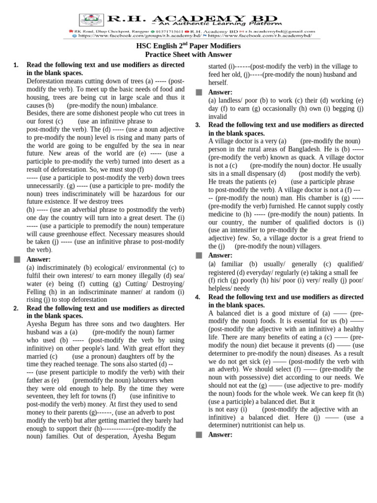 HSC - Modifiers | PDF | Verb | Adjective