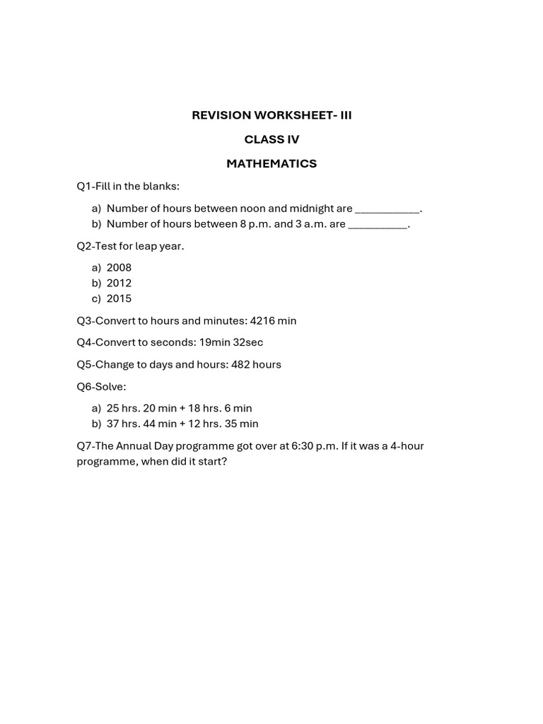Revision Worksheet - III Maths | PDF