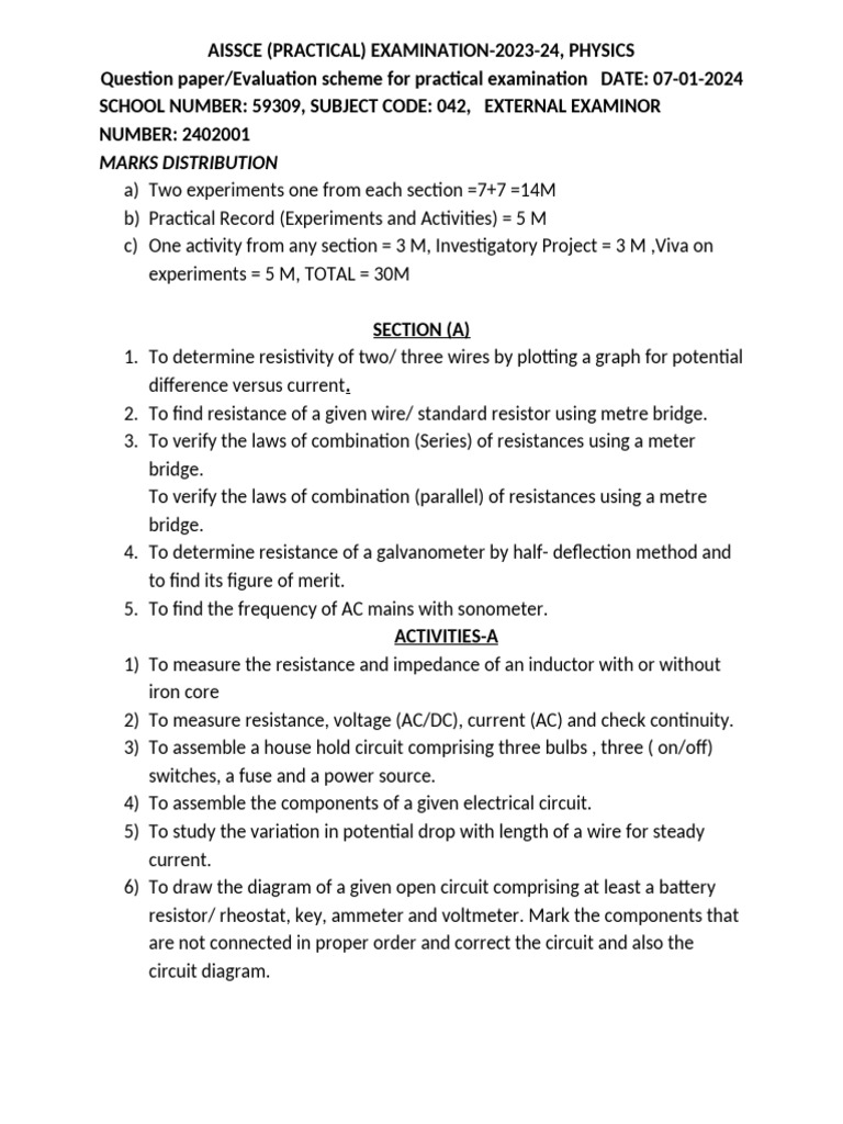 Question Paper For Practicals Physics-2024.. | PDF | Electrical Resistance And Conductance ...