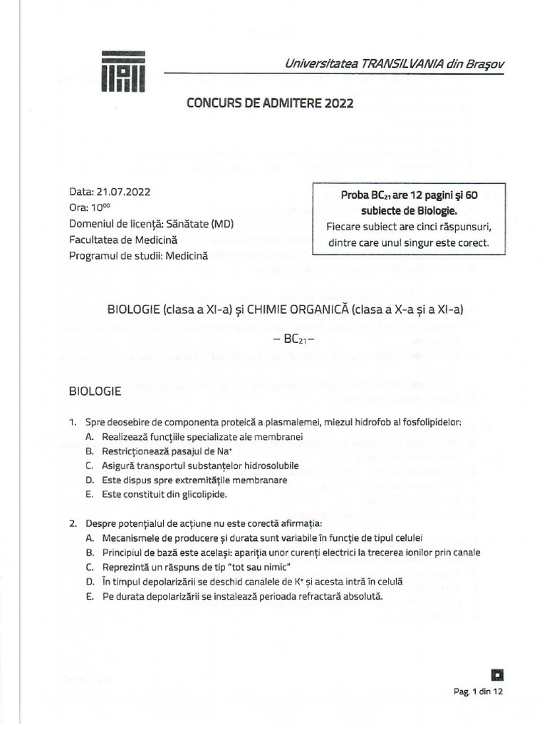 Subiect + Barem Admitere Brașov 2022 | PDF