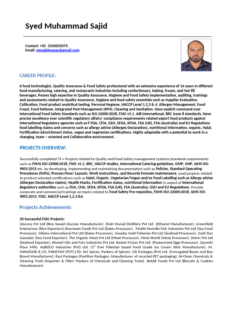 S.M.Sajid Profile (Quality & Food Safety Professional) | PDF | Food Safety | Hazard Analysis And ...