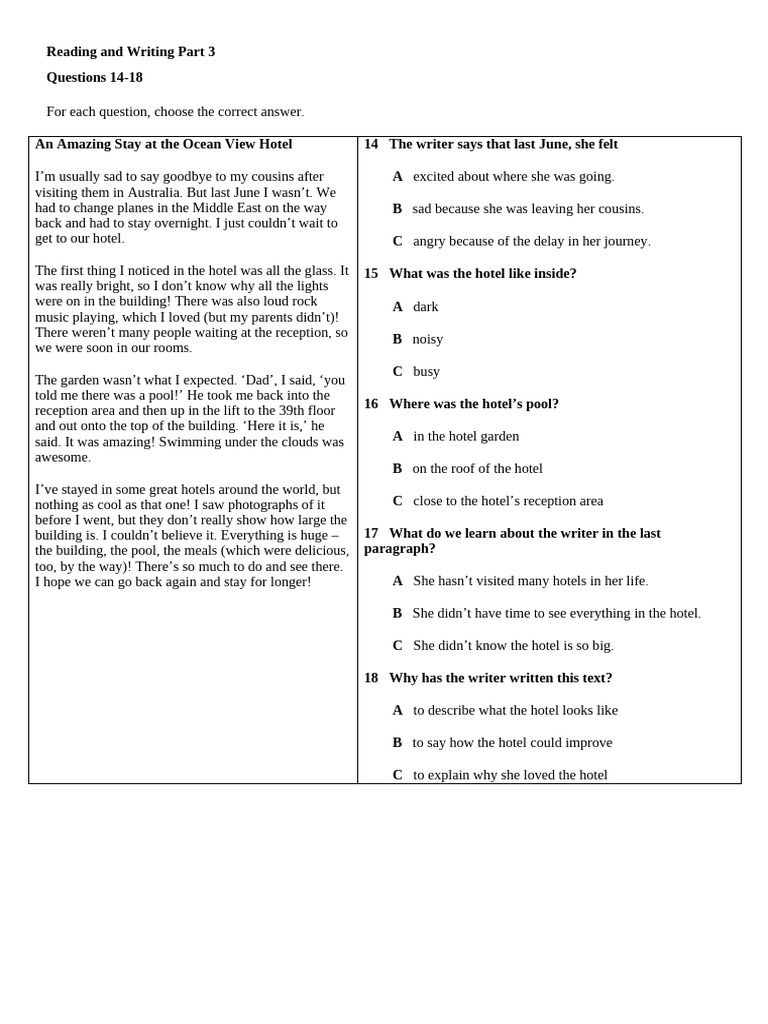 K - Reading PART 3 - Multiple Choice V | PDF | Hotel