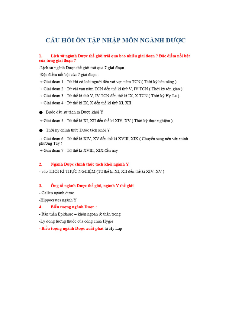 Cau Hoi On Tap Nhap Mon Nganh Duoc Truong Dai Hoc Quoc Te Hong Bang 85400 | PDF