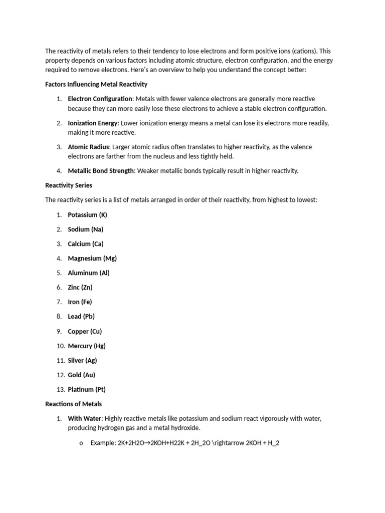 The Reactivity of Metals Refers To Their Tendency To Lose Electrons and ...