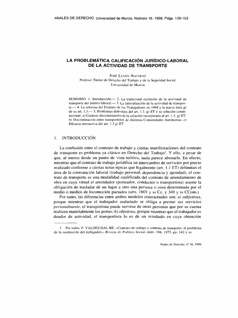 La Problematica Calificacion Juridico-laboral de La Actividad de Transporte | PDF
