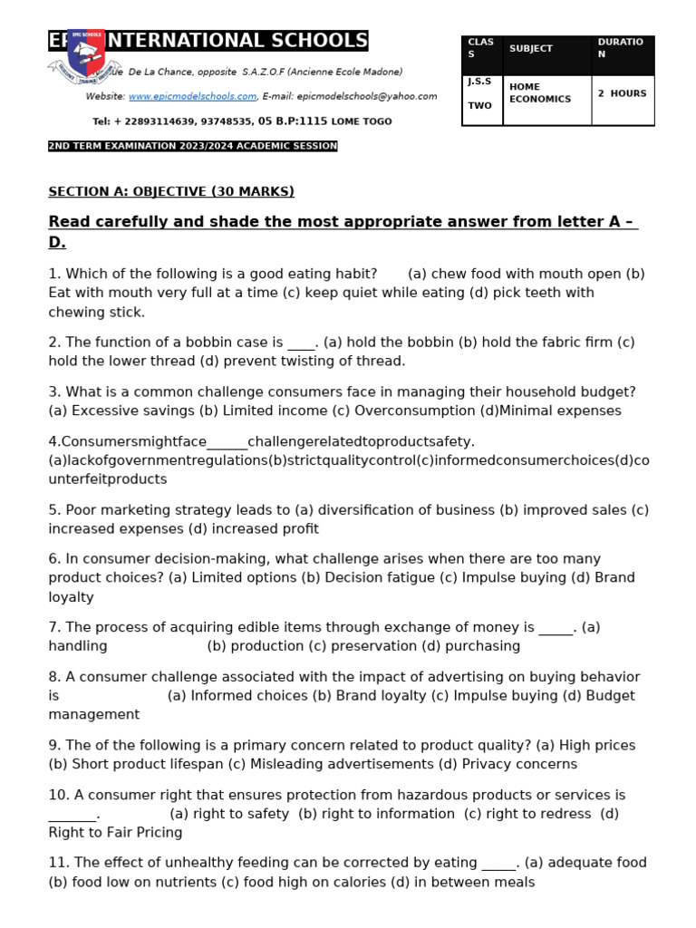 JSS2 Home Economics 2nd Term Exam 2023 | PDF