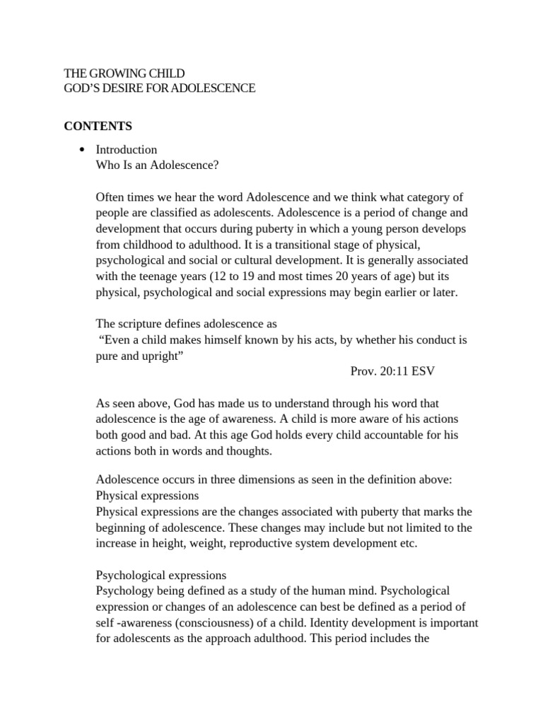 THE GROWING CHILD (God's Desire For Adolescence) by Eno Bright | PDF ...
