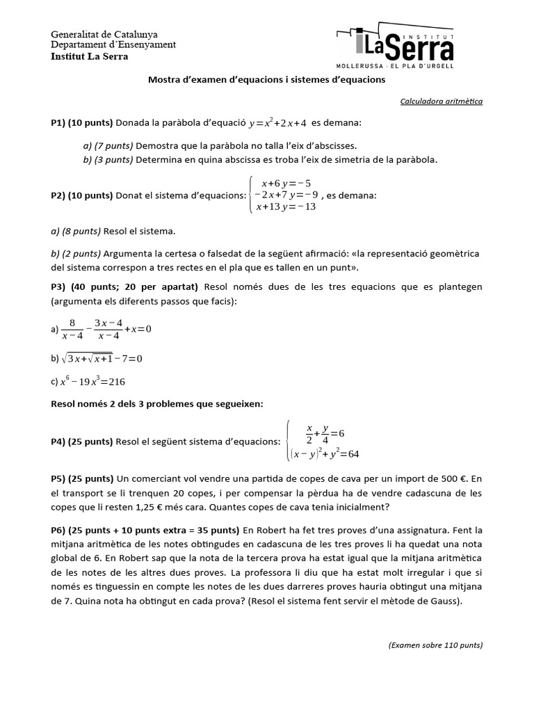 Mostra dexamen equacions i sistemes dequacions (24-25) | PDF