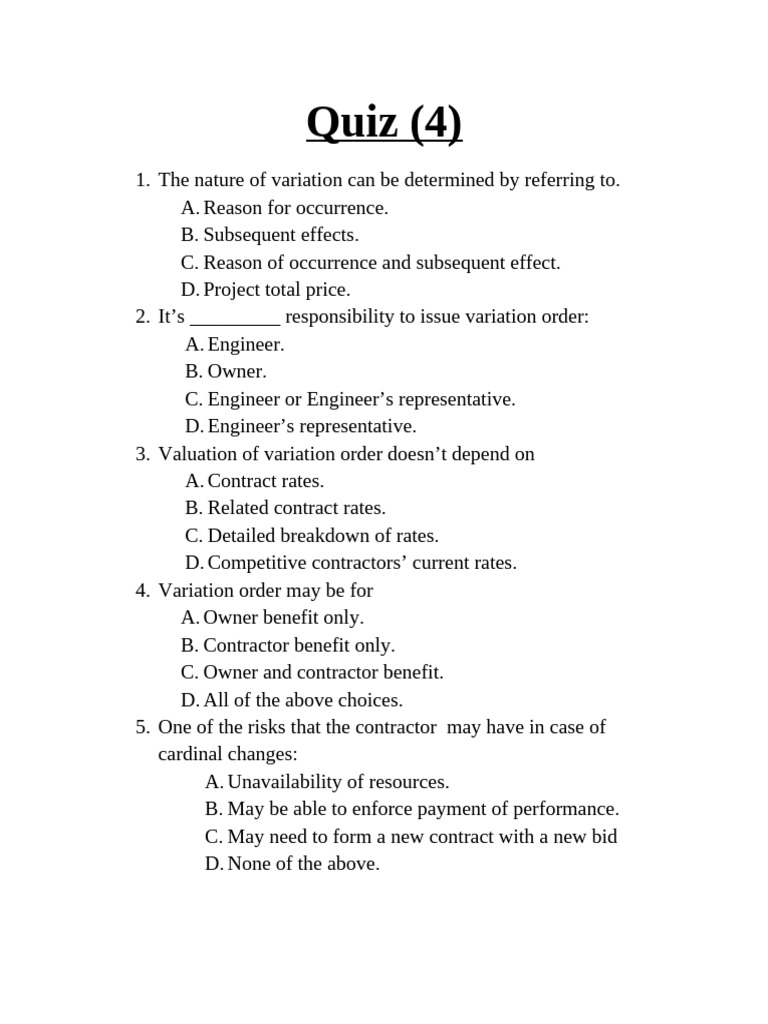 Variation Order Quiz For Contractors Pdf