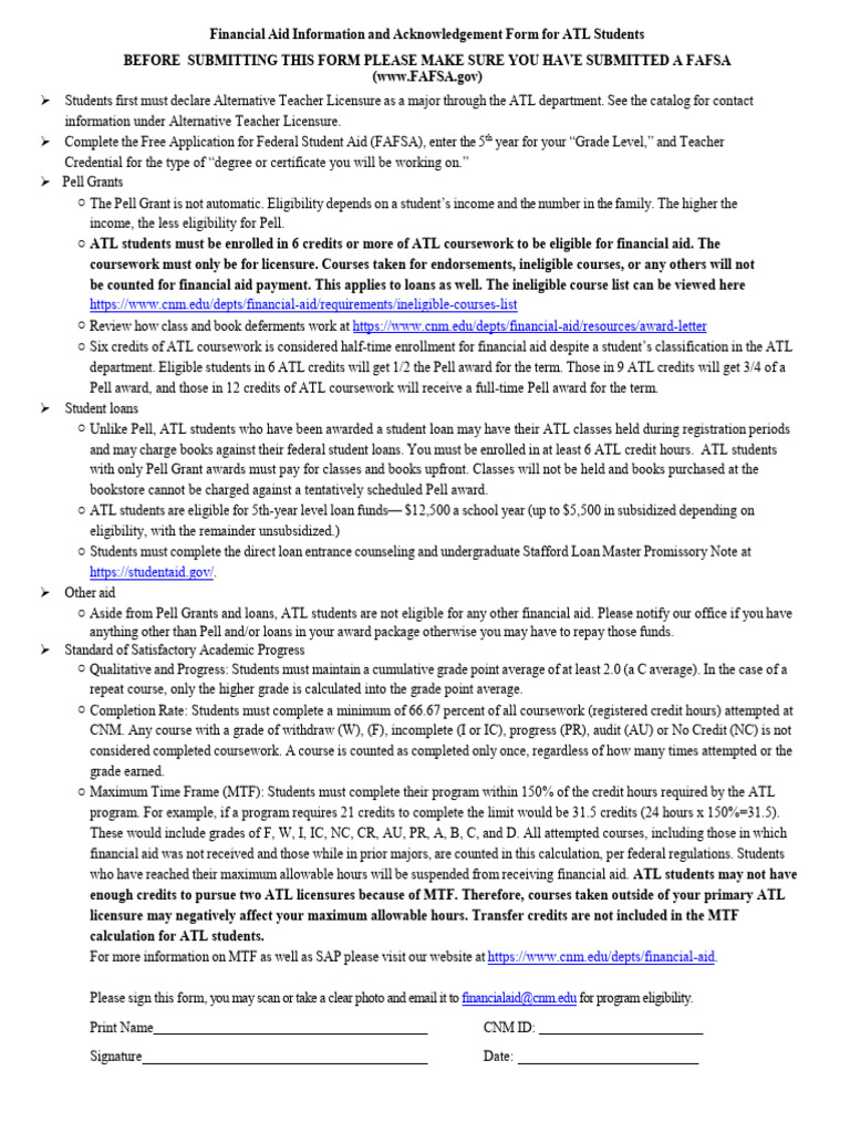 Financial Aid Information Acknowledgement Atl | PDF | Student Financial ...