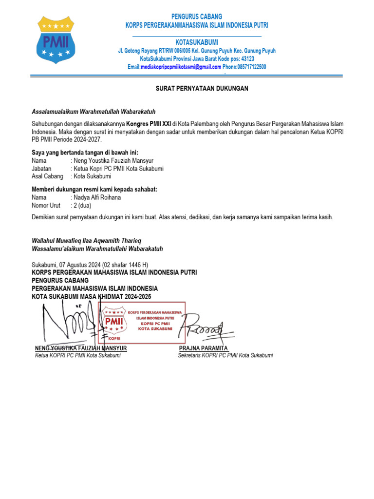 Surat Dukungan Kopri PC Pmii Kota Sukabumi TTD | PDF