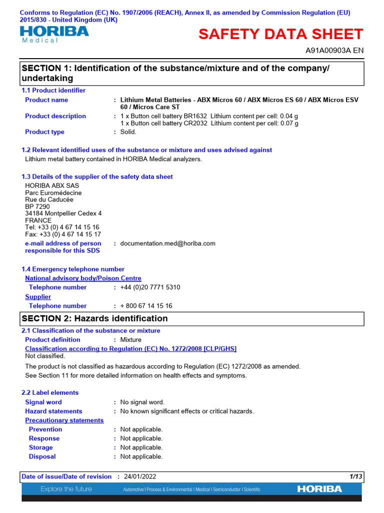 Lithium Metal Battery Safety Data Sheet | PDF | Toxicity | Waste