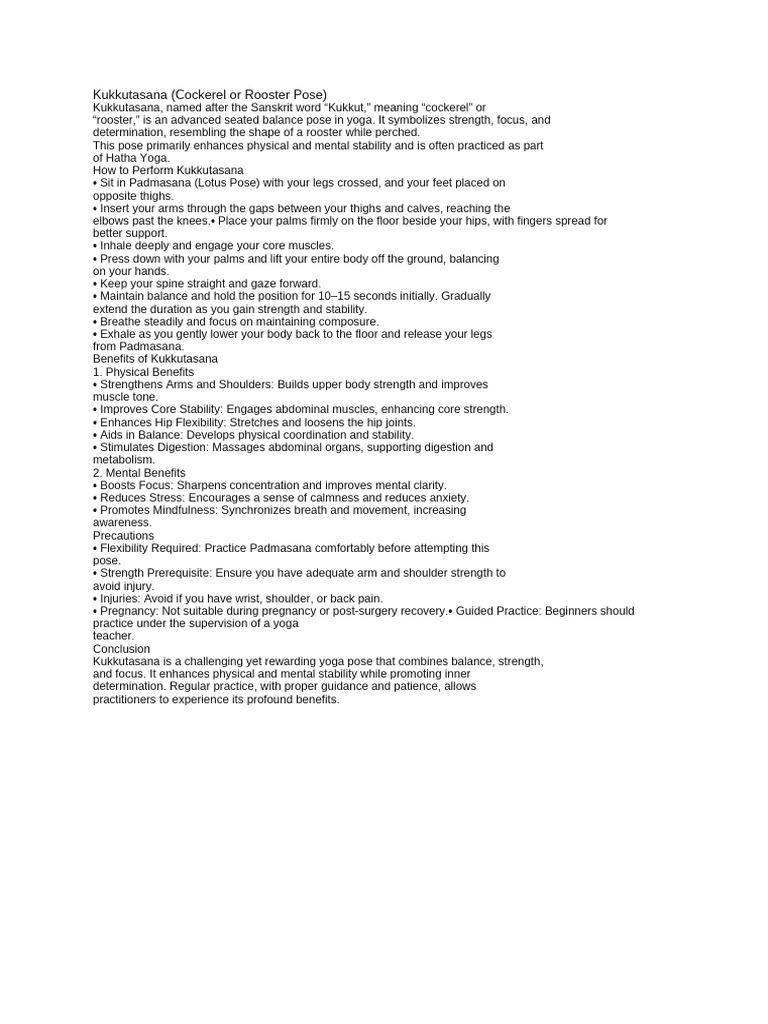 Kukkutasana (Cockerel or Rooster Pose) | PDF | Musculoskeletal System