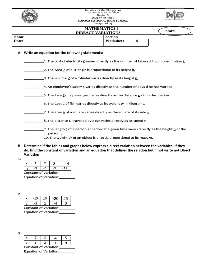 Direct Variation | PDF | Equations | Area
