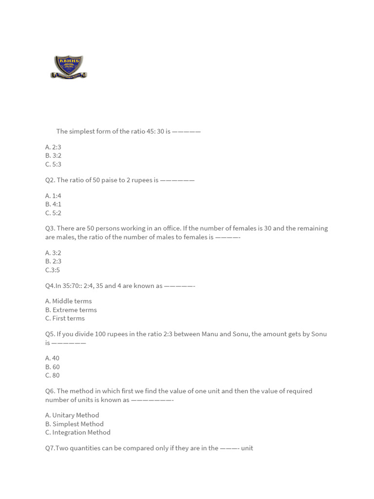 Class 6 CH - 12 Ratio and Proportion Ws | PDF