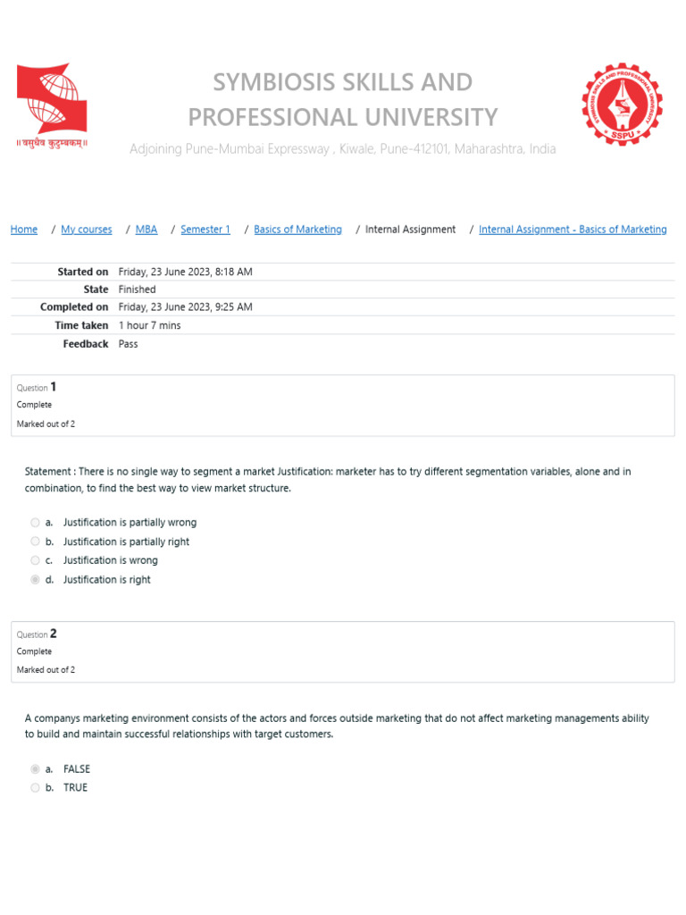 Internal Assignment - Basics of Marketing - Attempt Review | PDF ...