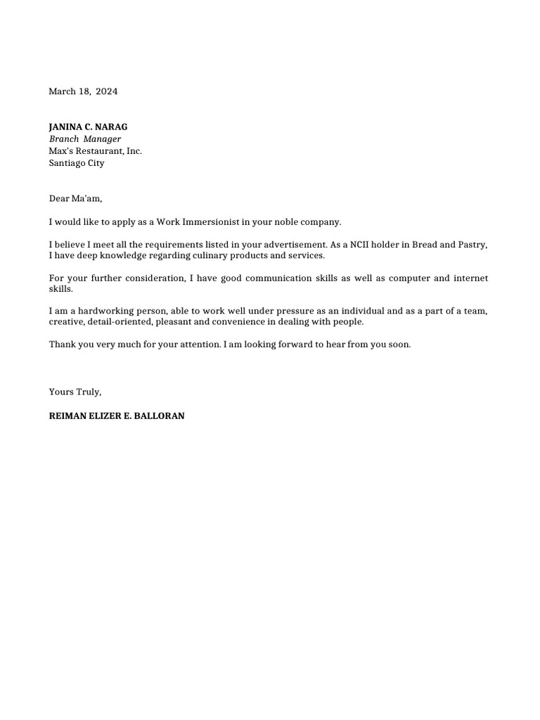 Work Immersion Application Letters | PDF