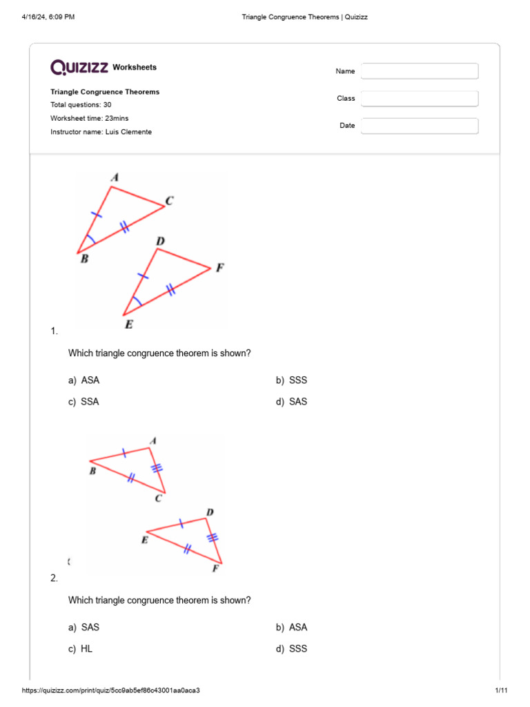 Triangle Congruence Theorems _ Quizizz1 | PDF | Euclidean Geometry | Euclid
