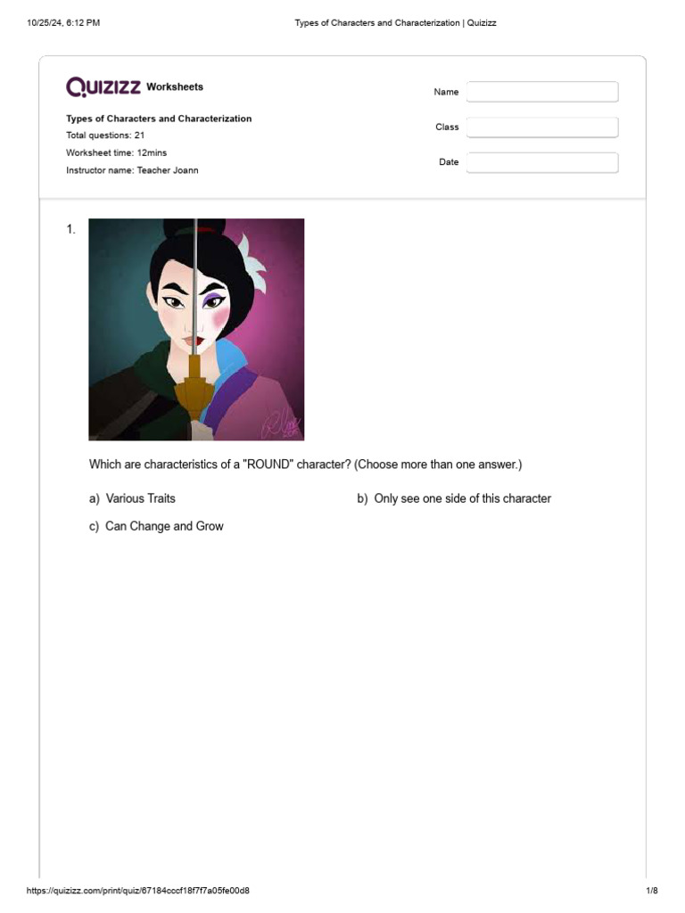 Types of Characters and Characterization - Quizizz | PDF