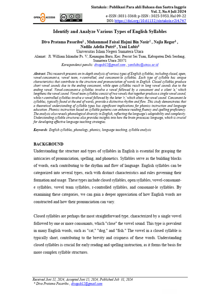 Types of English Syllables | PDF | Syllable | Phonics