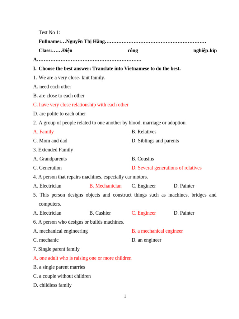 Test No 1 CĐ K24 | PDF | Family | Grandparent