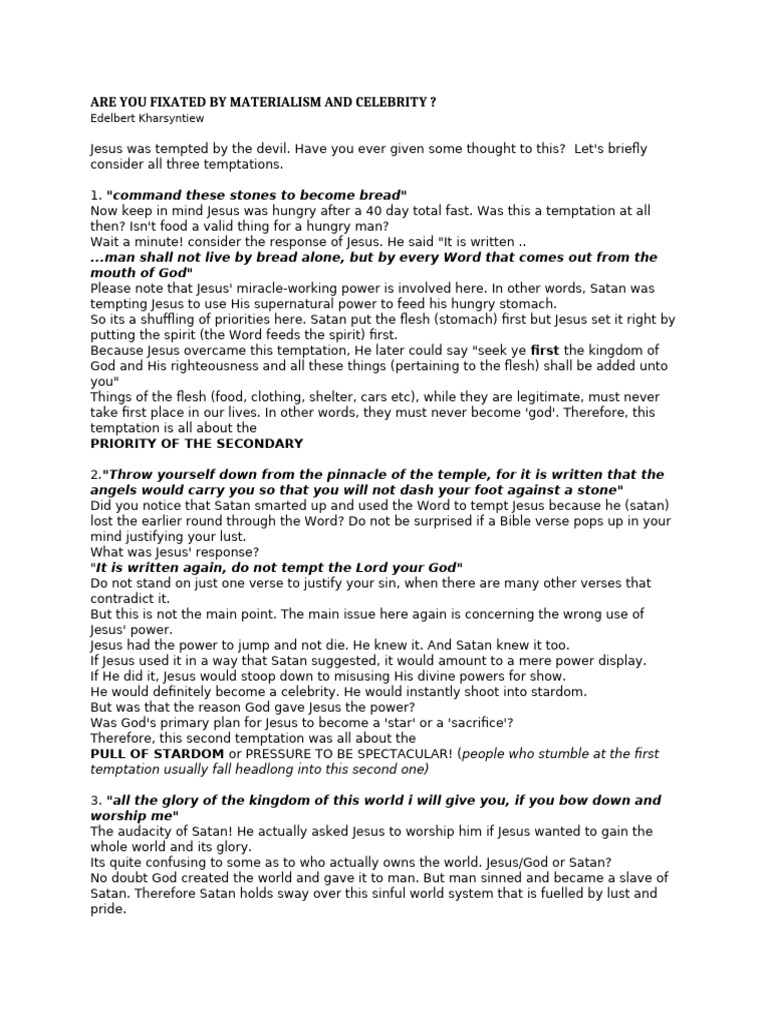 Overcoming Materialism and Celebrity Temptations | PDF | Satan | Jesus