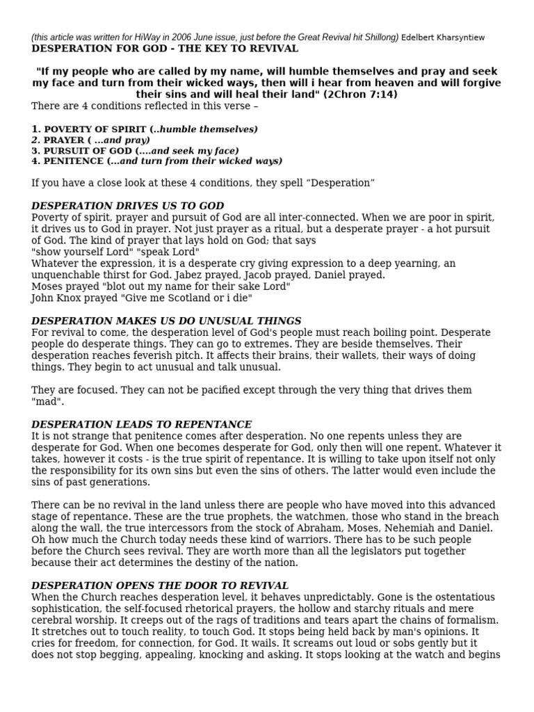 Desperation: Key to Revival | PDF | Prayer | Penance