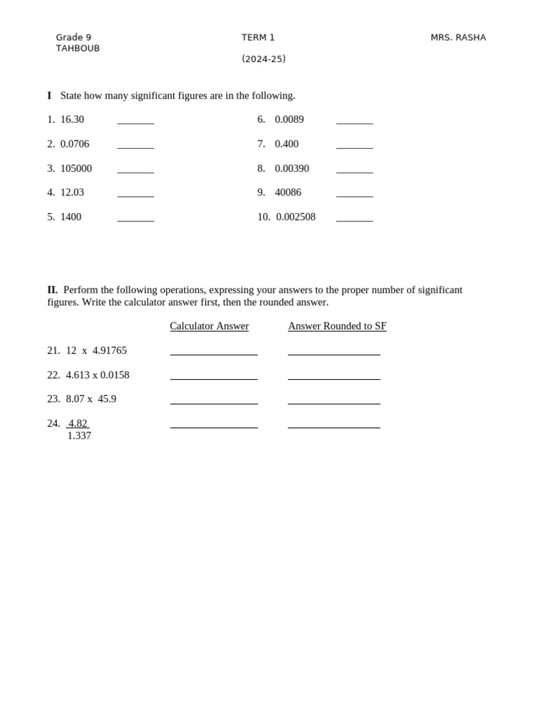 WORKSHEET 1 - Significant Figures | PDF