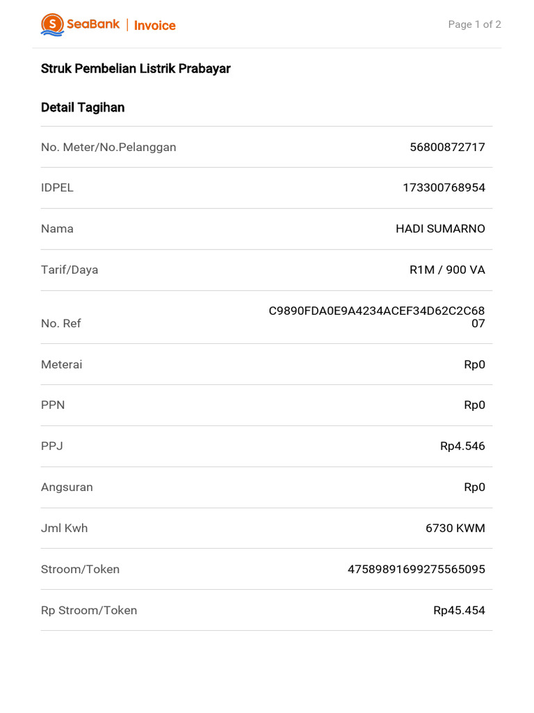 Struk Pembelian Listrik Prabayar Hadi Sumarno | PDF