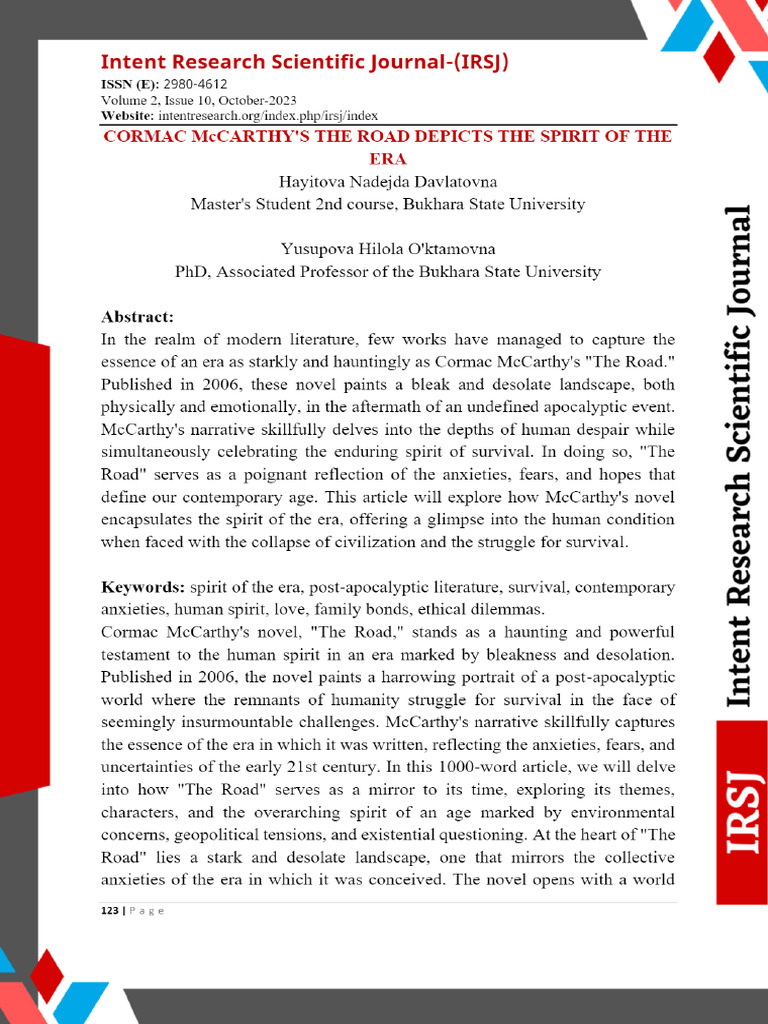 View of Cormac Mccarthy's The Road Depicts The Spirit of The Era | PDF