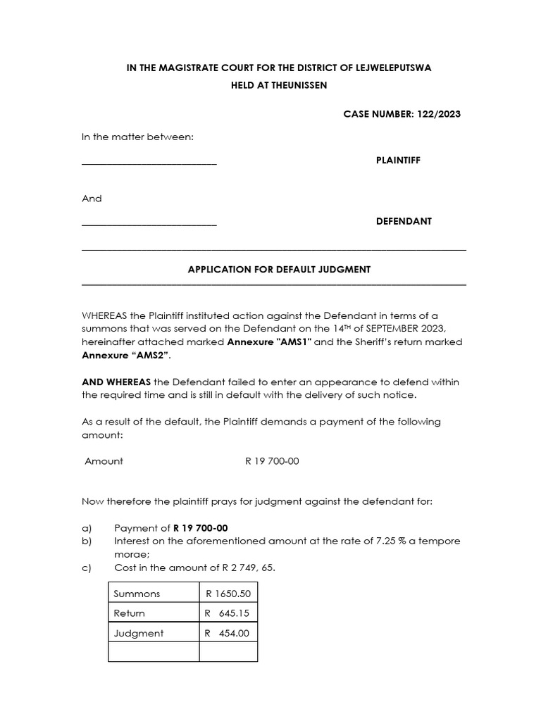 Application For Default Judgement | PDF | Default Judgment | Summons