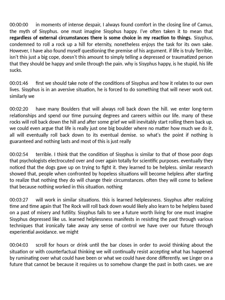 Sisypus Video Transcript | PDF | Thought | Happiness