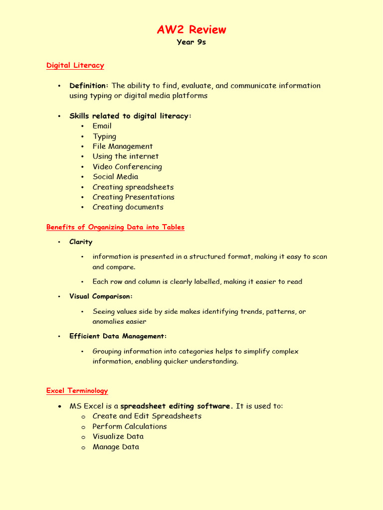 Year 9 AW2 Study Guide (1) | PDF | Microsoft Excel | Spreadsheet