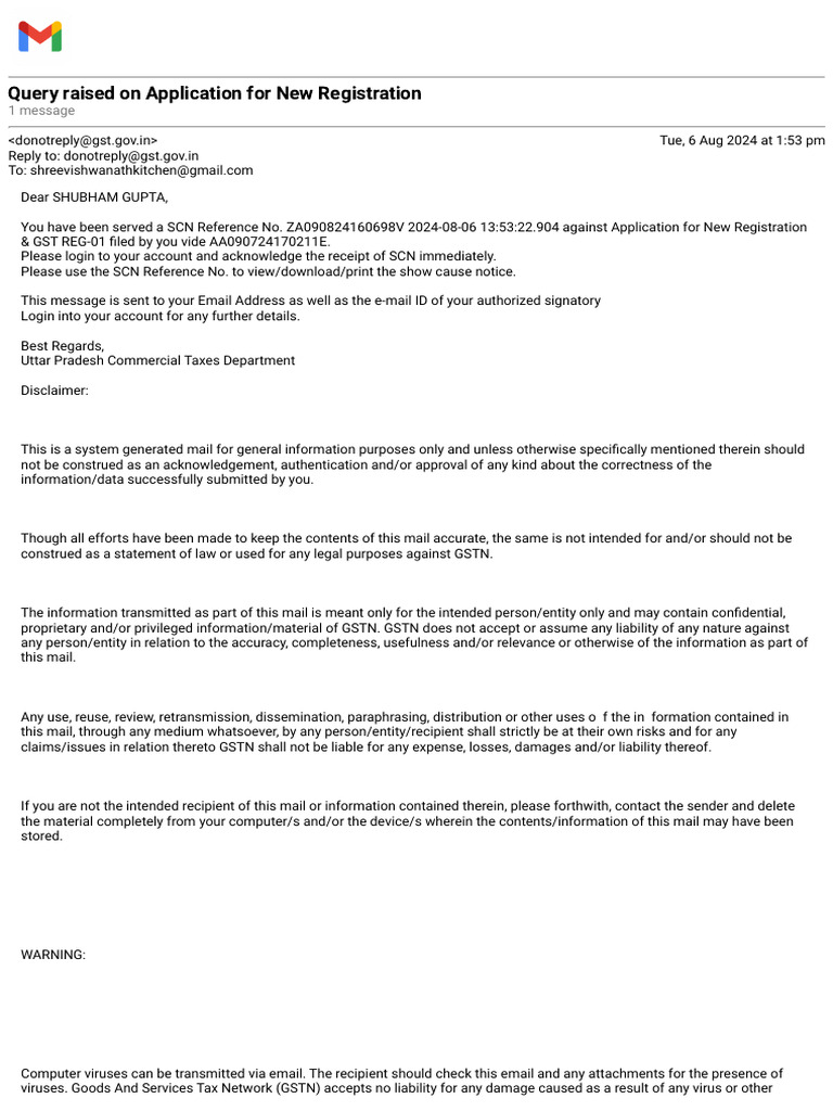 Gmail - Query Raised On Application For New Registration | PDF ...