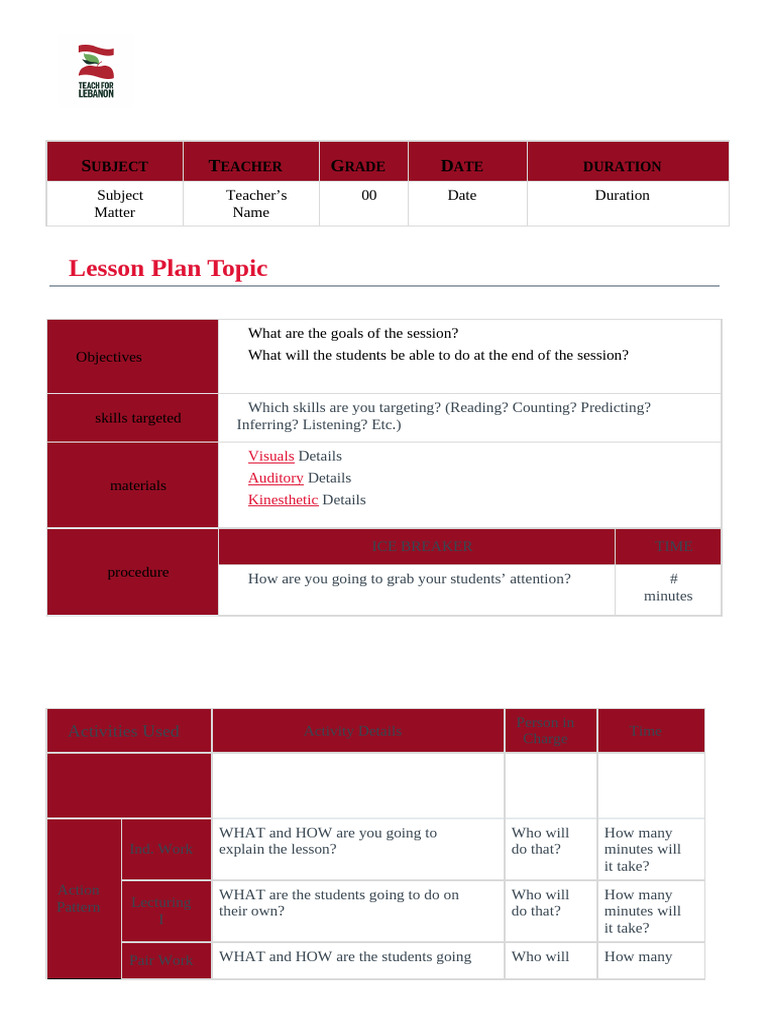 TFL Lesson Plan Template | PDF | Lesson Plan | Cognition